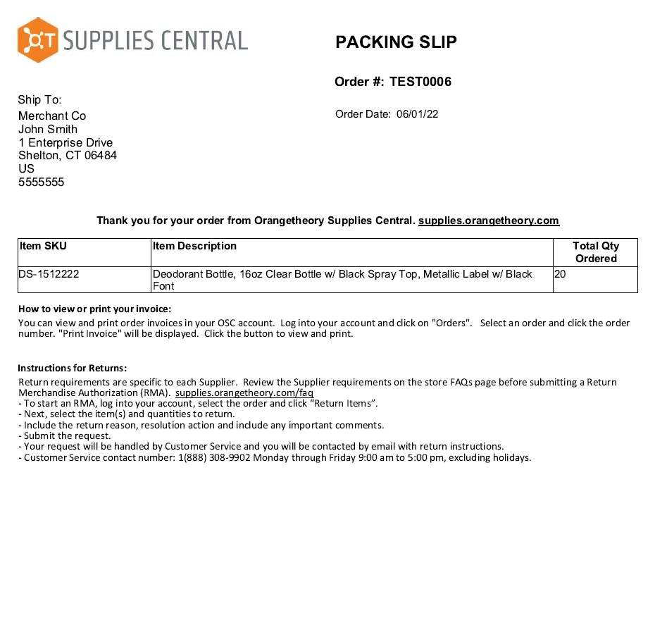 Packing Slip Specification – Orangetheory